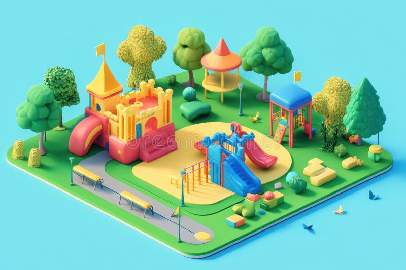A Colorful Playground Scene Featuring Slides, Swings, and Play ...