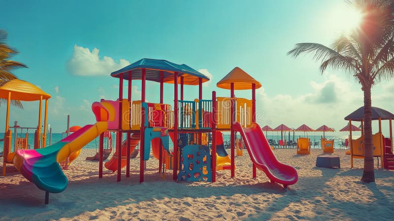 A Colorful Playground with Slides, Climbing Frames, and a Sandbox Stock ...