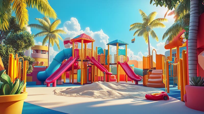 A Colorful Playground with Slides, Climbing Frames, and a Sandbox Stock ...
