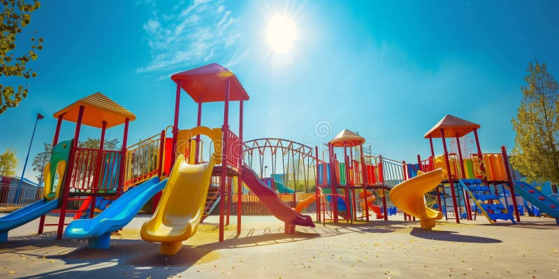 Colorful Playground with Slides and Climbing Structures Under a Bright ...