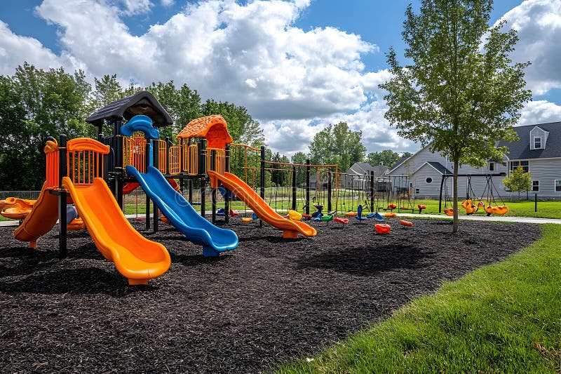 Colorful Playground Scene stock illustration. Illustration of trees - 368675084