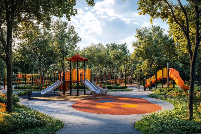 Colorful Playground with Slides Surrounded by Lush Trees and Pathways ...