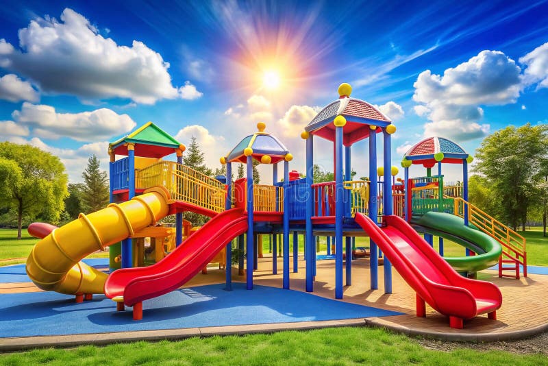 Colorful Playground with Slides Under Sunny Sky Stock Illustration ...