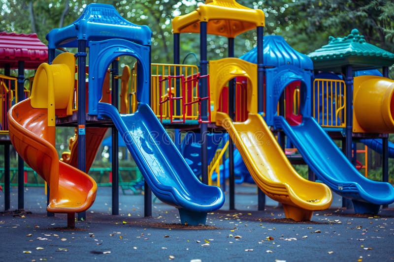Colorful Playground Yard with Slides in the Park Stock Illustration ...