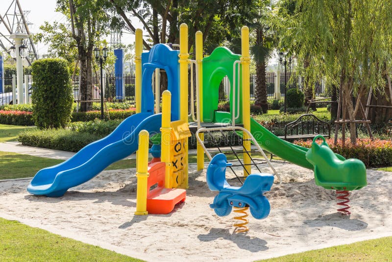 Colorful Playgrounds in Park Stock Image - Image of empty, recreation ...