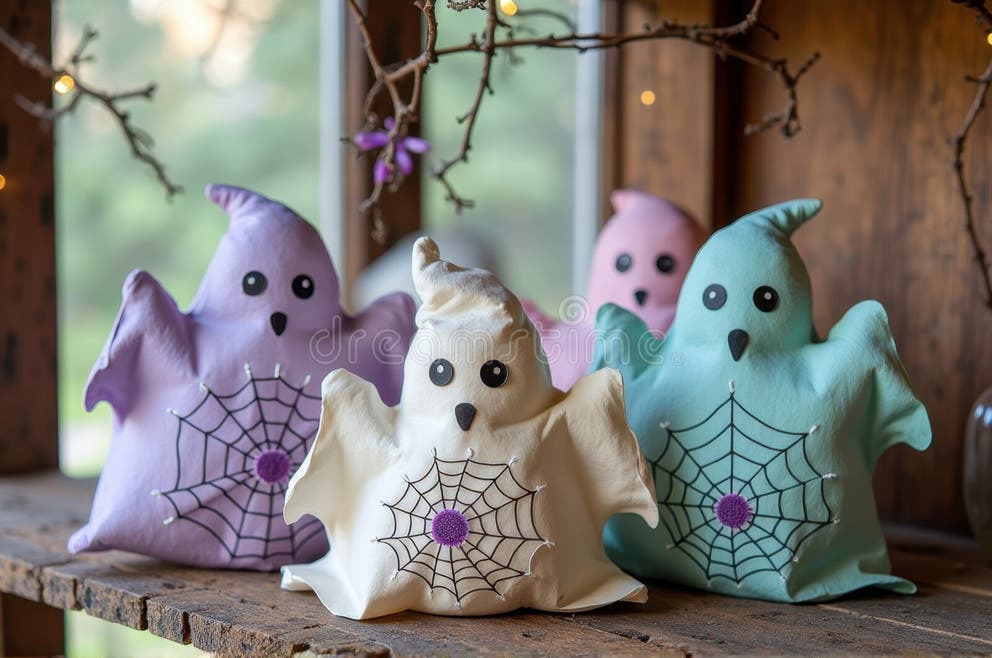 Colorful Plush Ghost Decorations with Spiderwebs on Wooden Shelf Stock ...