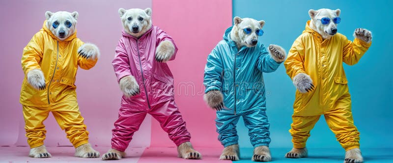 Colorful Polar Bears Dancing in Studio Stock Illustration ...