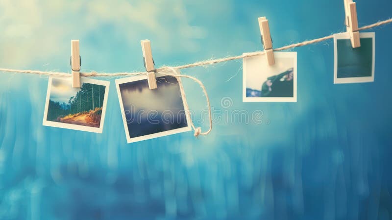 Polaroid Snapshots Displayed on a String with Clothespins Against a ...