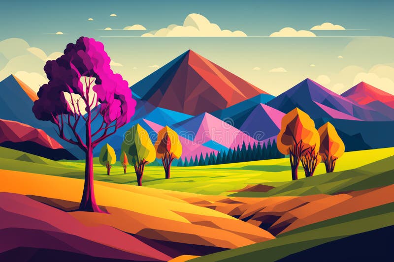Colorful Polygonal Landscape with Mountains, Frees and Field ...
