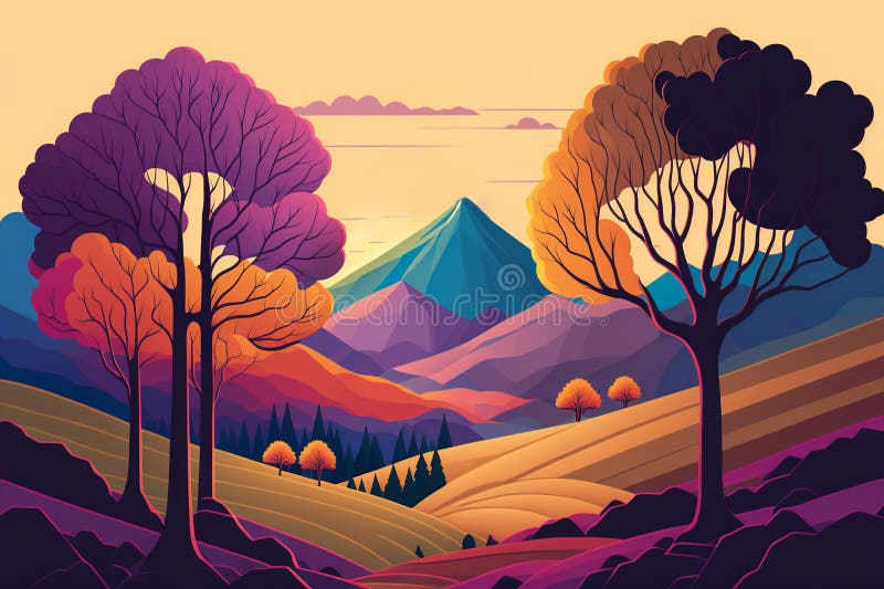 Colorful Polygonal Landscape with Mountains, Frees and Field ...