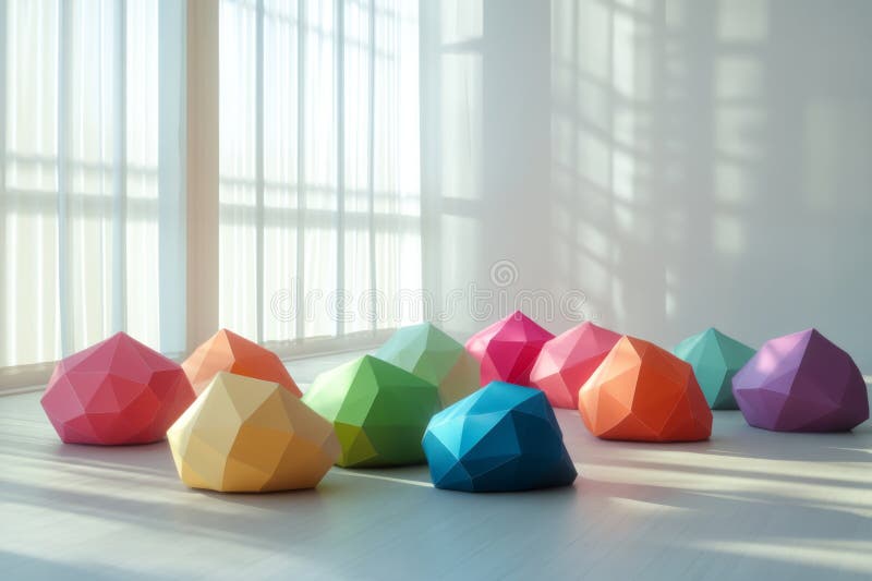 Colorful Polygonal Poufs in Studio Stock Illustration - Illustration of ...