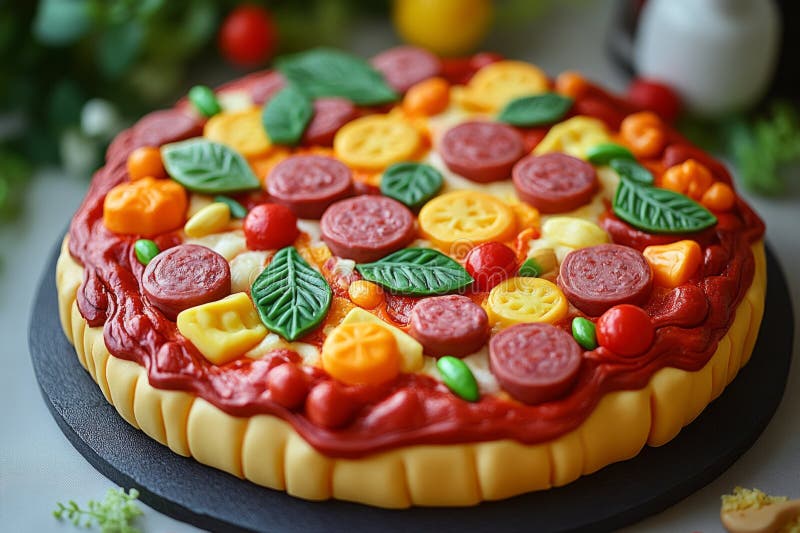 Colorful Polymer Clay Pizza Decorated with Vegetables and Pepperoni ...