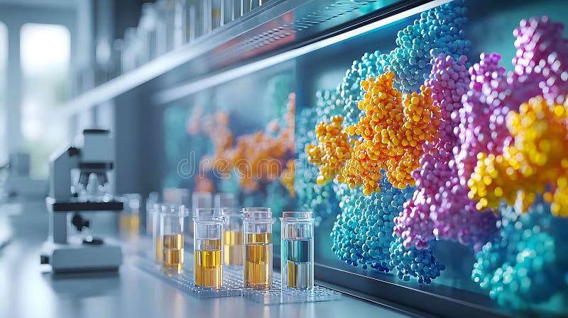 Colorful Polymer Models Displayed on Lab Screens with Test Tubes Stock ...