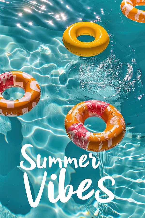 Colorful Pool Floats with Summer Vibes Text on Sparkling Water Stock ...