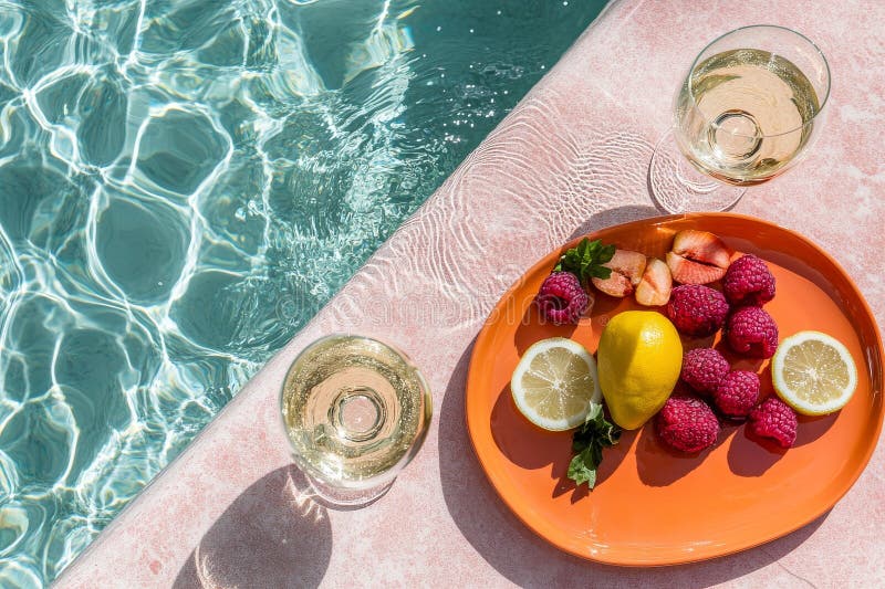 Colorful Poolside Setup by the Pool with Fresh Citrus Fruits and ...
