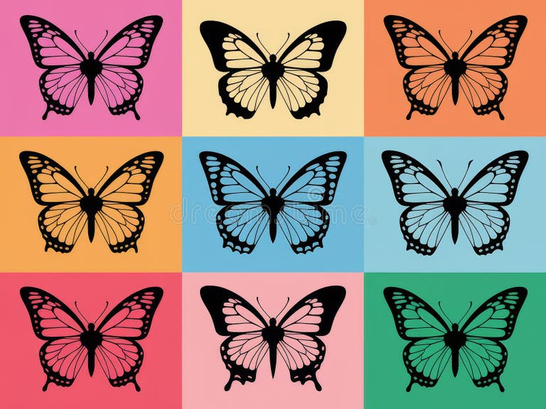 Colorful Pop Art Butterfly Patterns in Vibrant Square Grid Stock ...