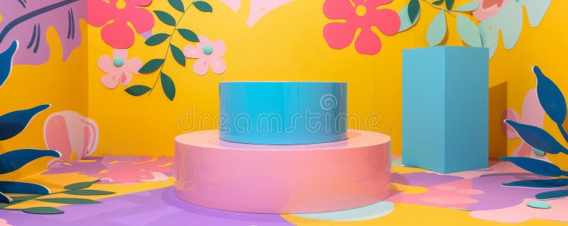 Colorful Pop Art Podium With Vibrant Floral Background And Geometric