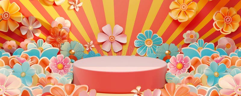 Colorful Pop Art Podium With Vibrant Floral Pattern Background Stock