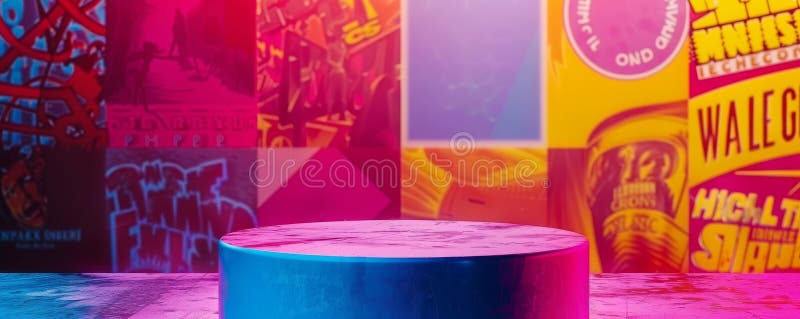 Colorful Pop Art Podium With Vibrant Old Movie Posters Backdrop Stock
