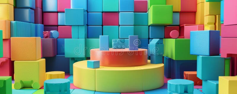 Colorful Pop Art Podium On A Vibrant Toy Blocks Pattern Background