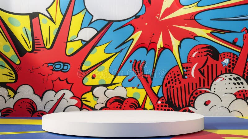 Vibrant Pop Art Wall Mural with Empty White Circular Platform, Daytime ...
