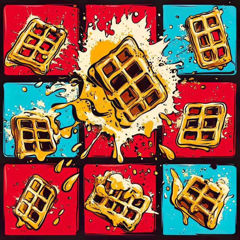 Colorful Pop Art Waffles with Syrup Splash on Red and Blue Background ...