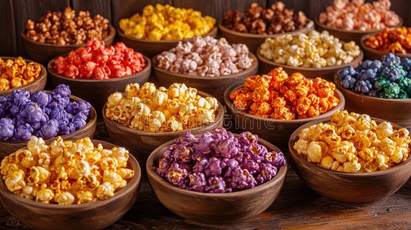 Colorful popcorn in bowls stock photo. Image of natural - 392378638