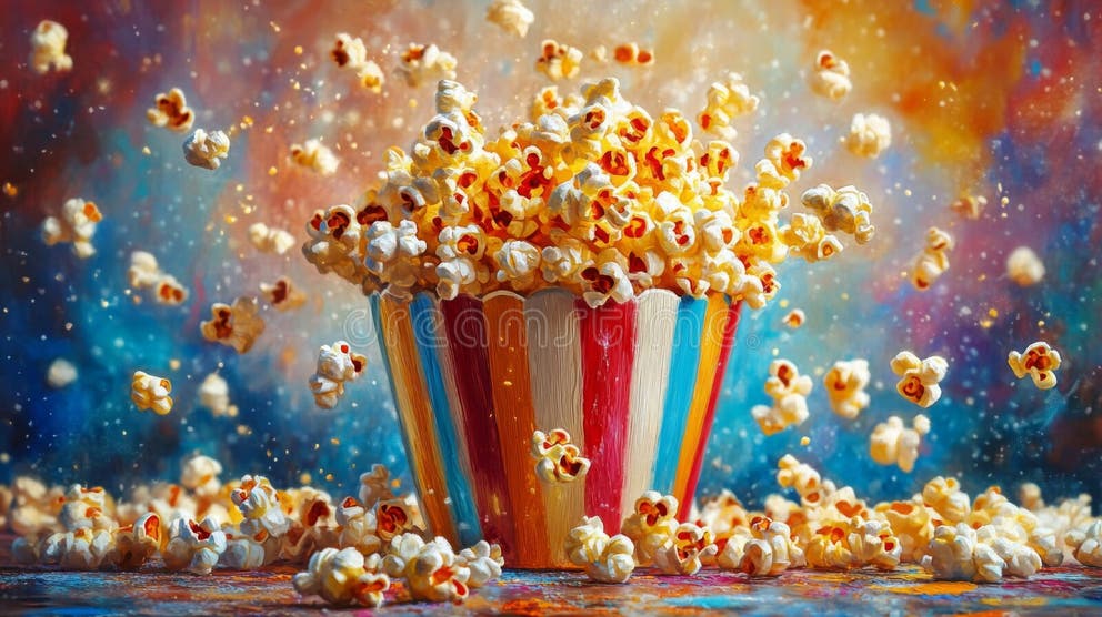 Colorful Popcorn Bucket with Flying Kernels Stock Illustration ...