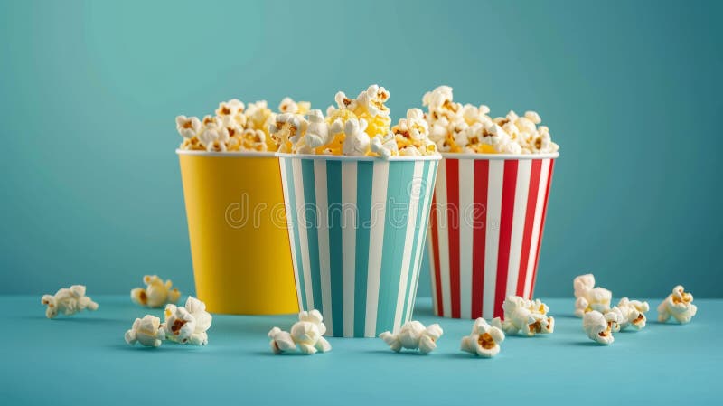 Colorful Popcorn Buckets Against Blue Background Stock Illustration ...
