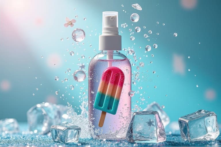 Colorful Popsicle-themed Spray Bottle Surrounded by Ice Cubes and Water ...