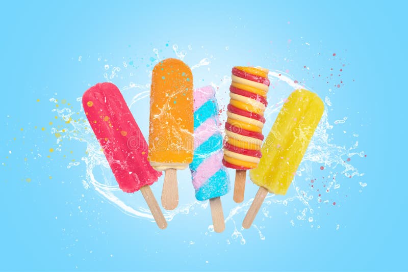 Colorful Popsicles Ice Cream on Blue Background with Splash Stock Image ...