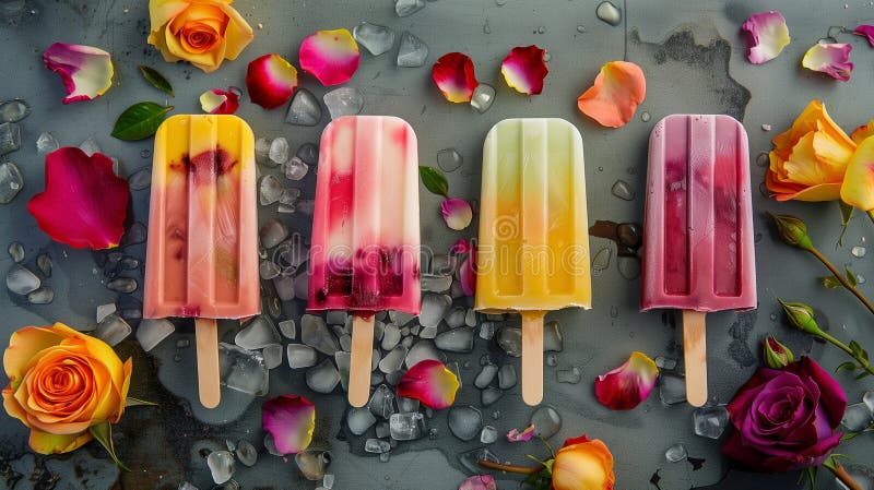 Colorful Popsicles with Rose Petals Stock Photo - Image of colourful ...
