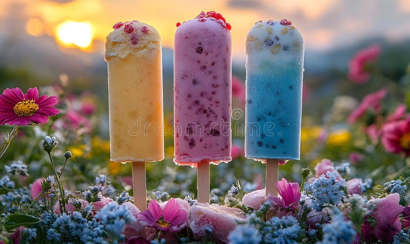 Sunset Popsicles in a Flower Field Stock Illustration - Illustration of frozen, icecream: 369389825