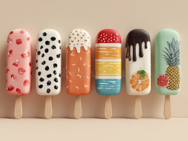 Colorful Popsicles with Various Patterns on Beige Background Stock ...