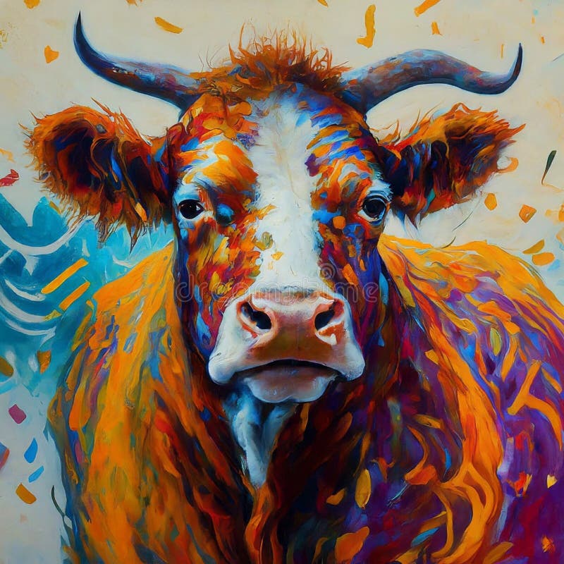 A Colorful Portrait of a Cow with Horns Stock Illustration ...