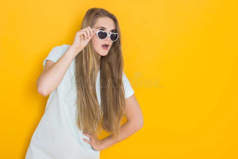Colorful Portrait Of Young Attractive Woman Wearing Sunglasses Summer