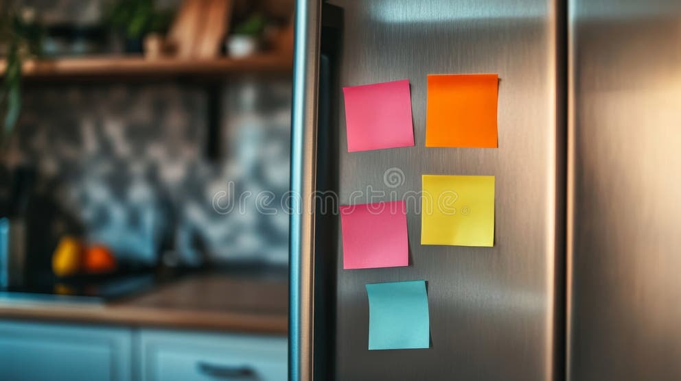 Colorful Post it Notes on Stainless Steel Refrigerator in Kitchen for ...
