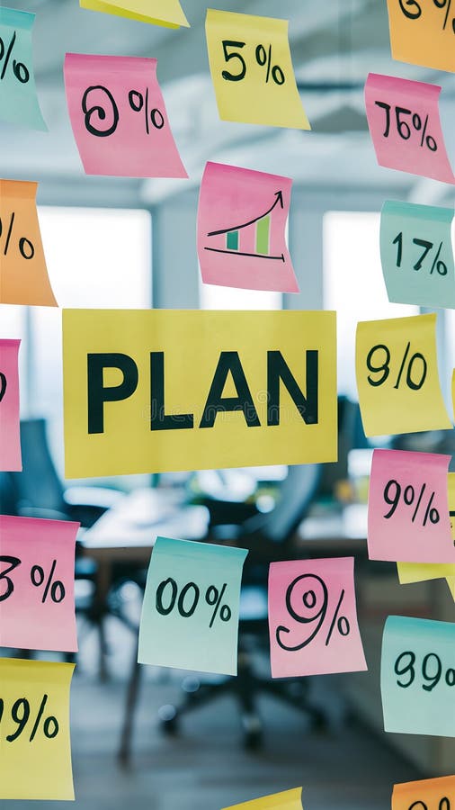 Colorful Post it Notes on Transparent Board with Graphs and Percentages ...