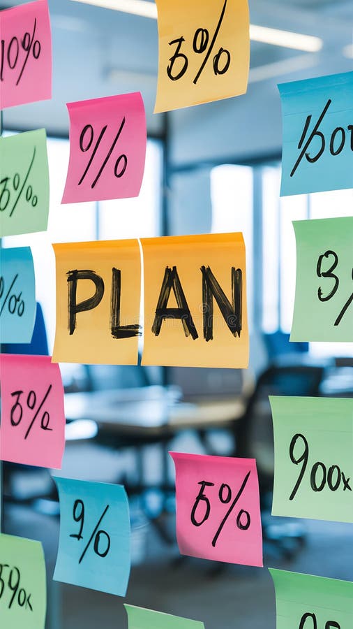 Colorful Post it Notes on Transparent Board with Graphs and Percentages ...