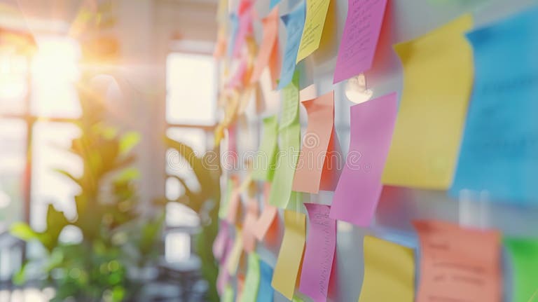 Colorful Post it Notes on Wall in Bright Office for Team Collaboration ...
