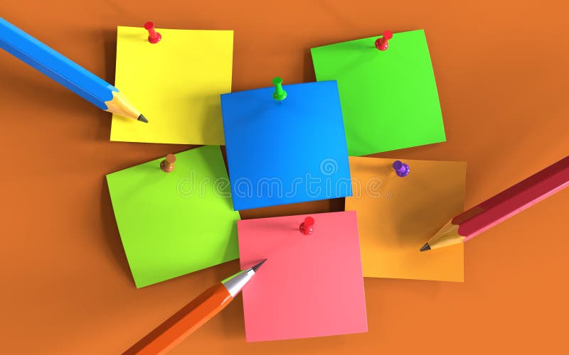 Colorful Post it Paper Notes with Pencils and Pins Stock Illustration ...