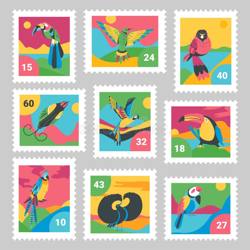 Colorful Postage Stamp Set with Tropical Birds Stock Vector ...
