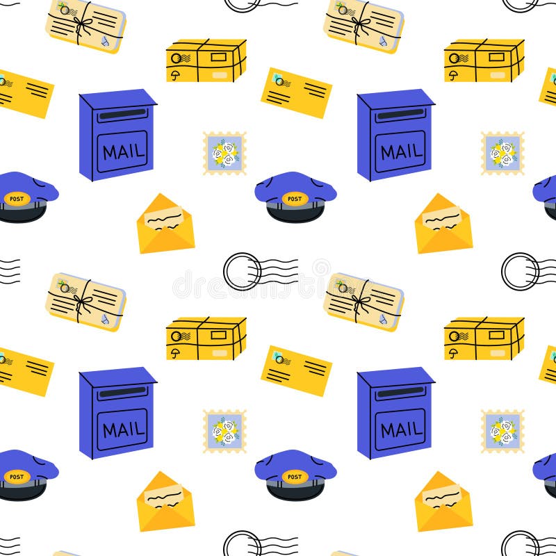 Colorful Postal Themed Pattern Featuring Mailboxes, Letters, and ...