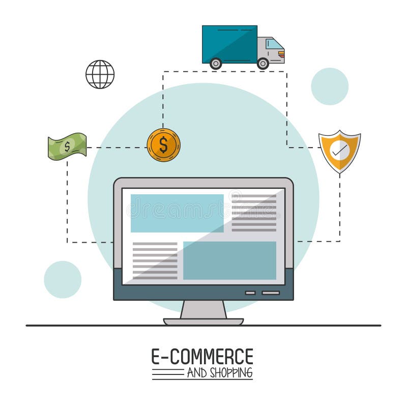 Colorful Poster of E-commerce and Shopping with Desktop Computer in ...
