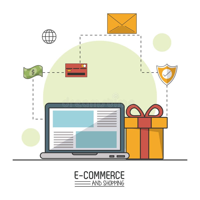 Colorful Poster of E-commerce and Shopping with Laptop Computer and ...