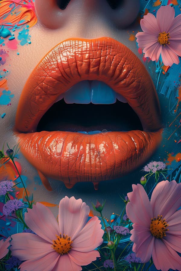 Colorful Poster with Flowers Behind the Floating Lips Stock ...