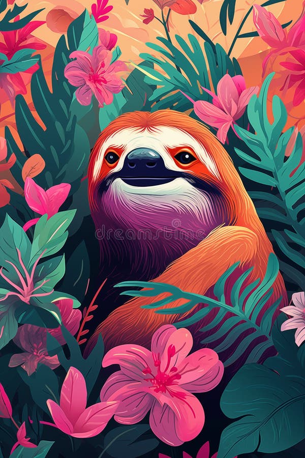 Colorful Poster, Placard with Sloth in a Tropical Forest. Ai Generated ...