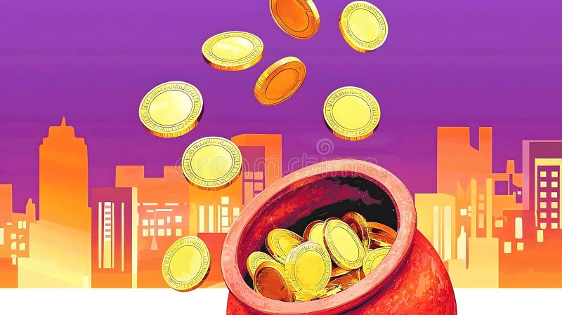 Colorful Pot of Gold Overflowing with Coins Stock Illustration ...