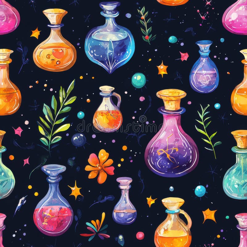Colorful Potion Bottles and Magical Elements on Black Background Stock ...