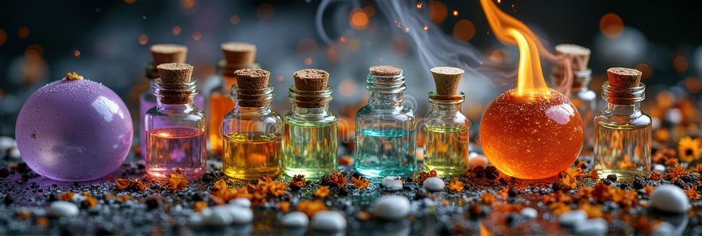 Colorful Potion Bottles with Smoke and Fire Effects Stock Photo - Image ...
